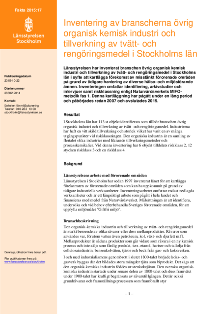 Inventering av branscherna övrig organisk kemisk industri och ...